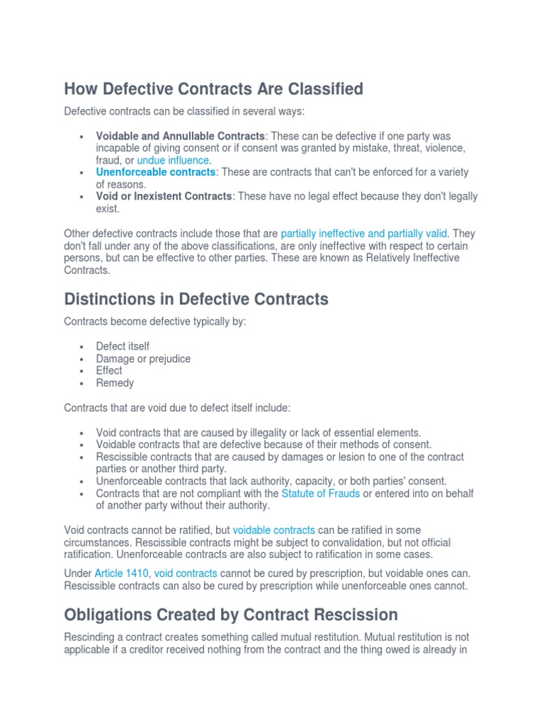 Classification of Defective Contracts | PDF | Legal Ethics ...