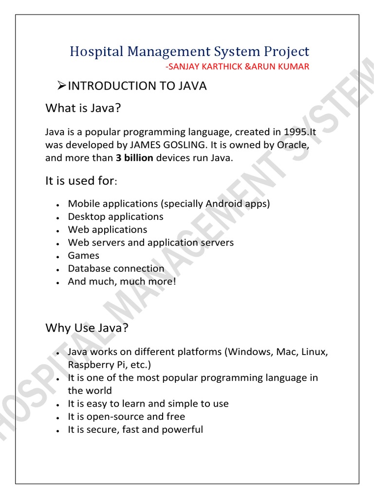 Hospital Management System Project: Introduction To Java What Is Java ...