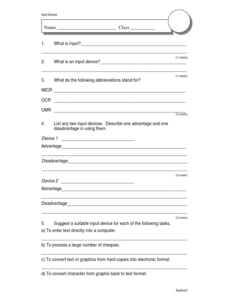 Input Devices Worksheet1 PDF | PDF | Computer Engineering | Computer ...