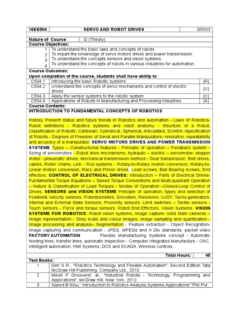 Servo Robotics - Syllabus | PDF | Servomechanism | Robotics