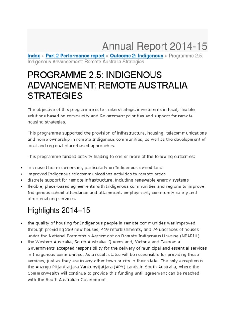 Annual Report 2014-15: Programme 2.5: Indigenous Advancement: Remote ...
