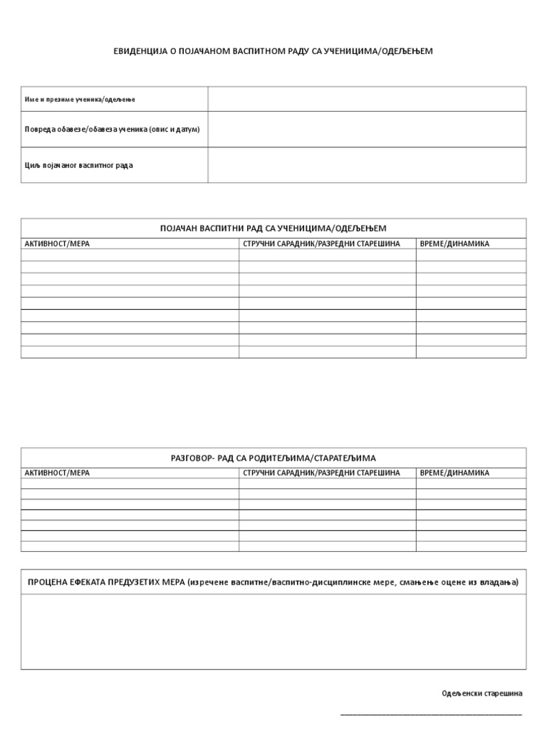 Pojacan Vaspitni Rad Obrazac | PDF