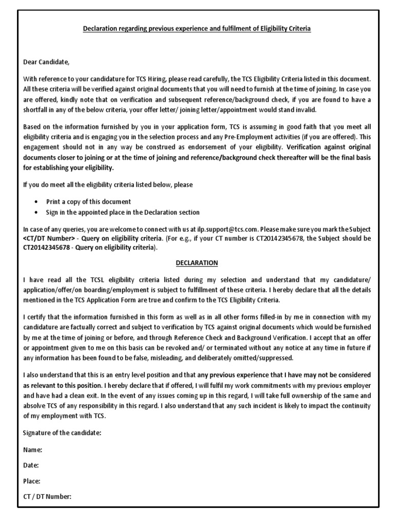 TCS Off-Campus Hiring Eligibility Criteria Declaration: Verifying ...