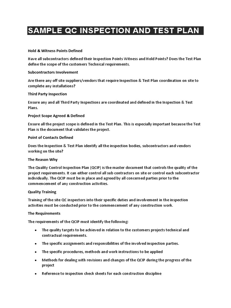 Quality Control Inspection Test Plan | PDF | Specification (Technical ...