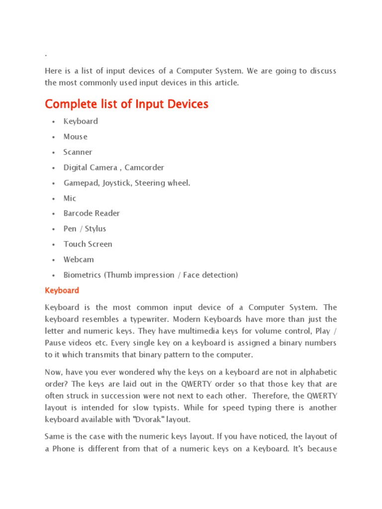 Complete List of Input Devices: Keyboard | PDF | Computer Monitor ...
