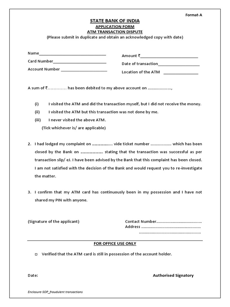 State Bank of India: Application Form Atm Transaction Dispute | PDF ...