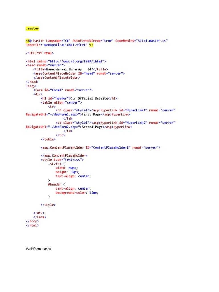 Master Page Template for a Basic Website with Navigation Links and ...