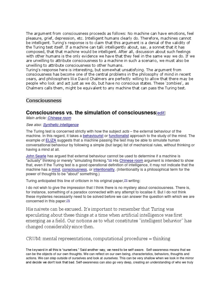 Consciousness vs. The Simulation of Consciousness | PDF | Consciousness ...