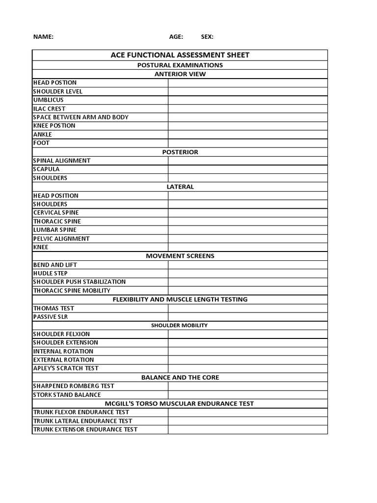 Ace Functional Assessment Sheet: Postural Examinations Anterior View | PDF