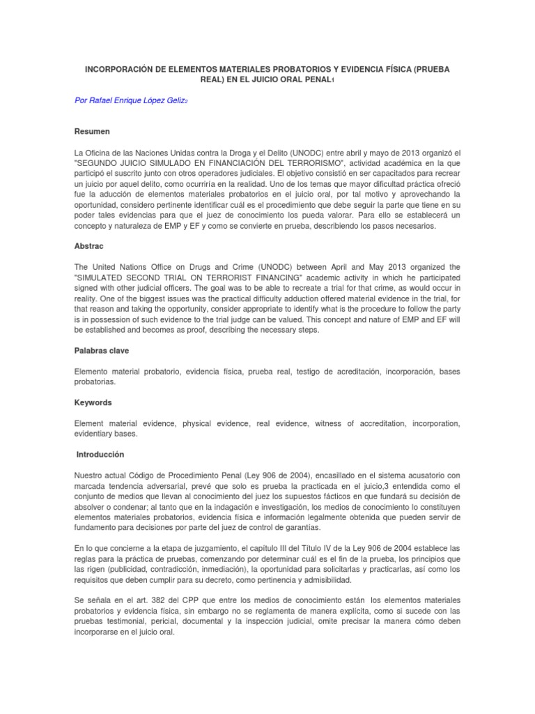 Incorporación de Elementos Materiales Probatorios y Evidencia Física ...