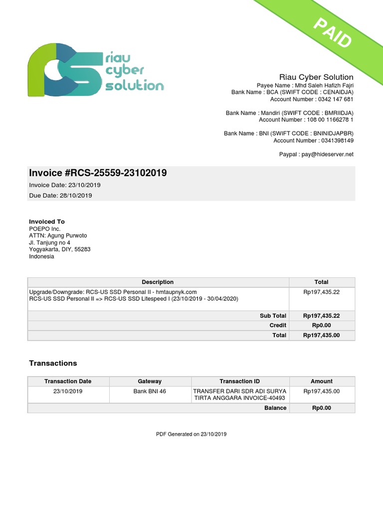 Invoice #RCS-25559-23102019: Riau Cyber Solution | PDF | Services ...