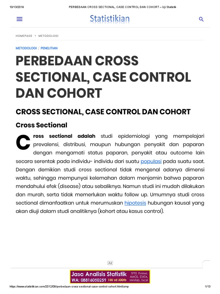 PERBEDAAN CROSS SECTIONAL, CASE CONTROL DAN COHORT - Uji Statistik PDF | PDF