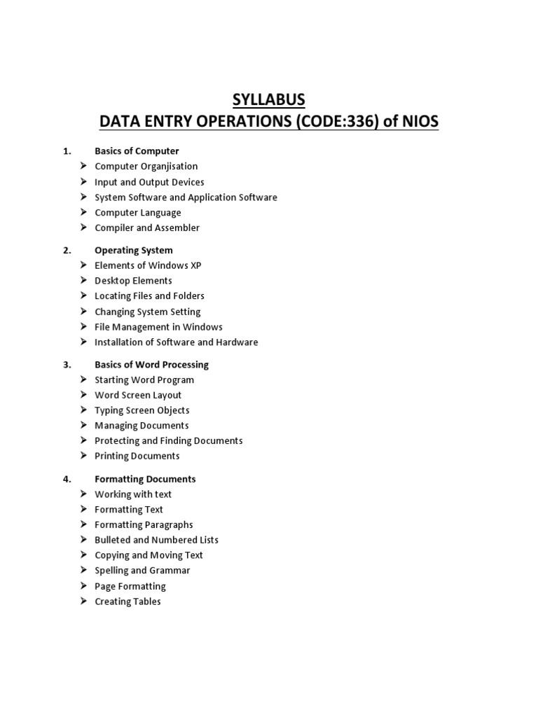 Syllabus Data Entry Operations (Code:336) of Nios | PDF