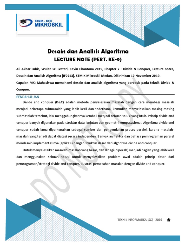 Algoritma Divide and Conquer: Merge Sort | PDF | Metode & Bahan Ajar