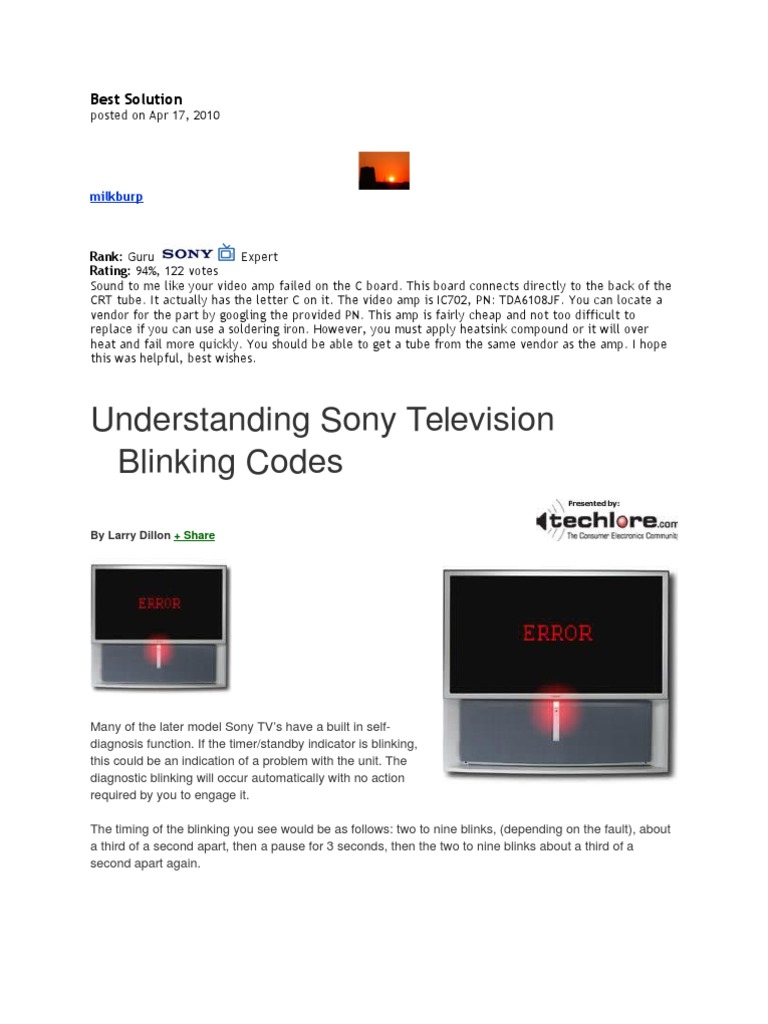 Sony Blinking Codes | PDF | Electrical Connector | Electronic Circuits