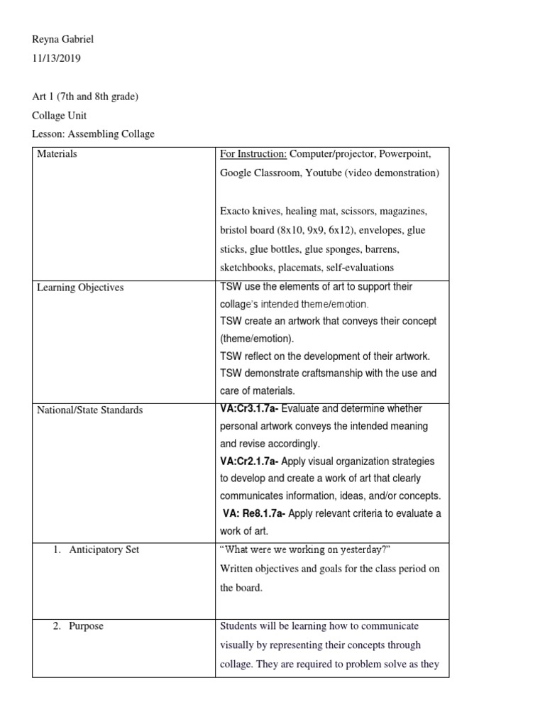 Art 1 - Formal Observation Lesson Plan | PDF | Collage | Rubric (Academic)