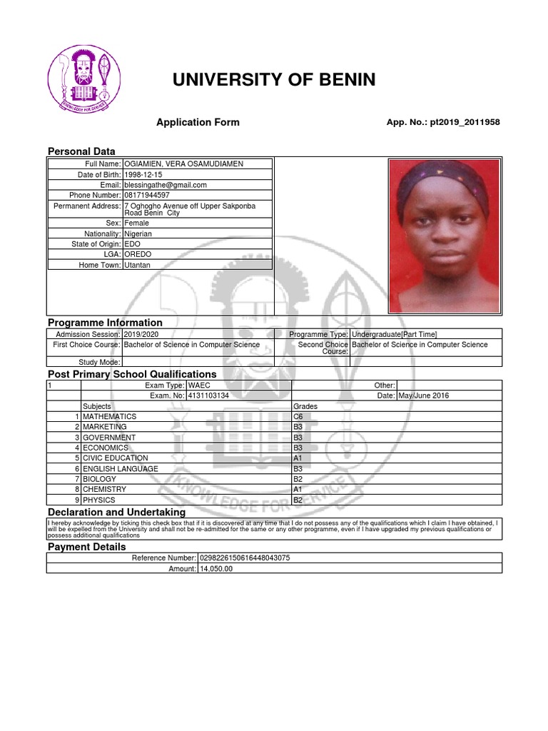 University of Benin: Application Form | PDF | Learning | Academia