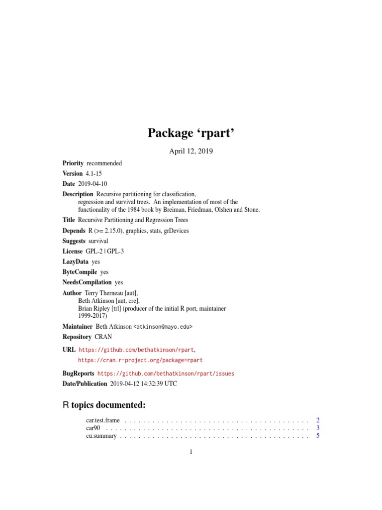 Rpart Package R Guide Pdf Parameter Computer Programming Subroutine