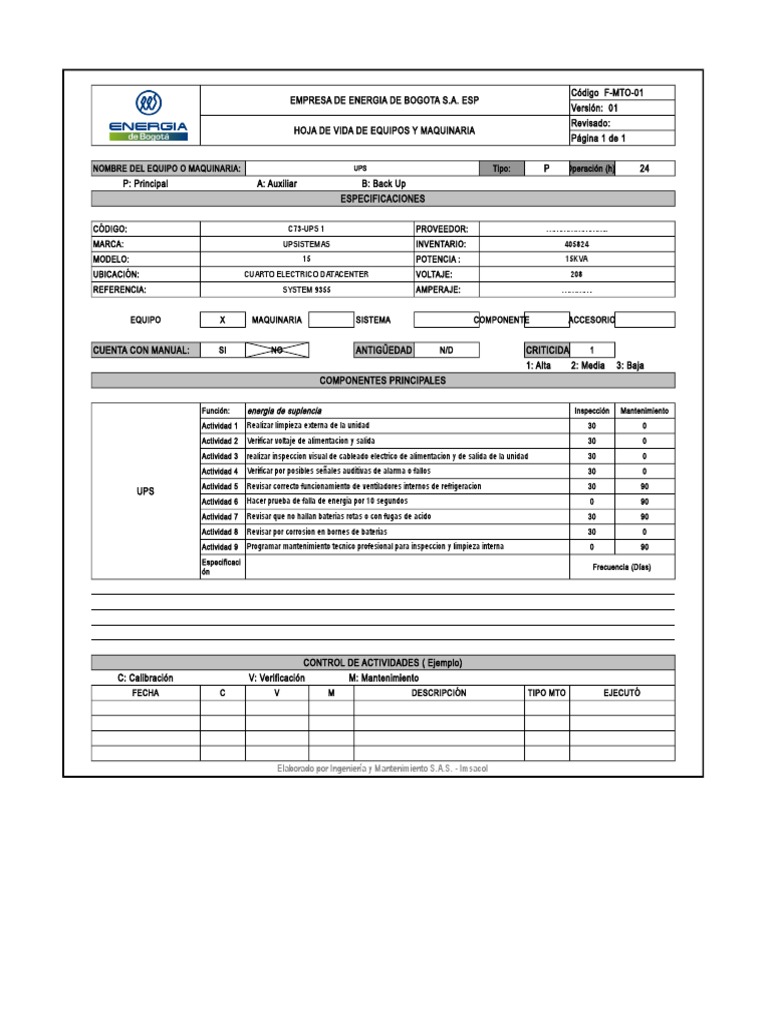 Formato Hoja Mto Ups-C73-001 | PDF | Ingenieria Eléctrica | Energía y ...