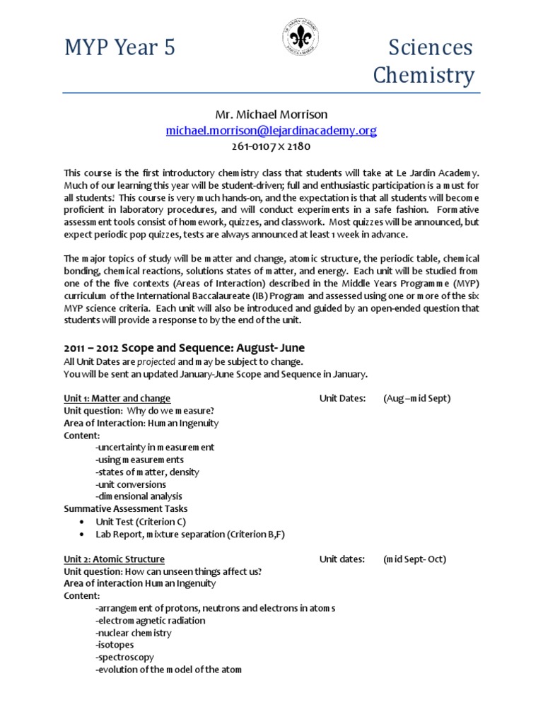 Sciences - MYP 5 - Chemistry Scope and Pacing 1 - 2011-2012 Revised ...