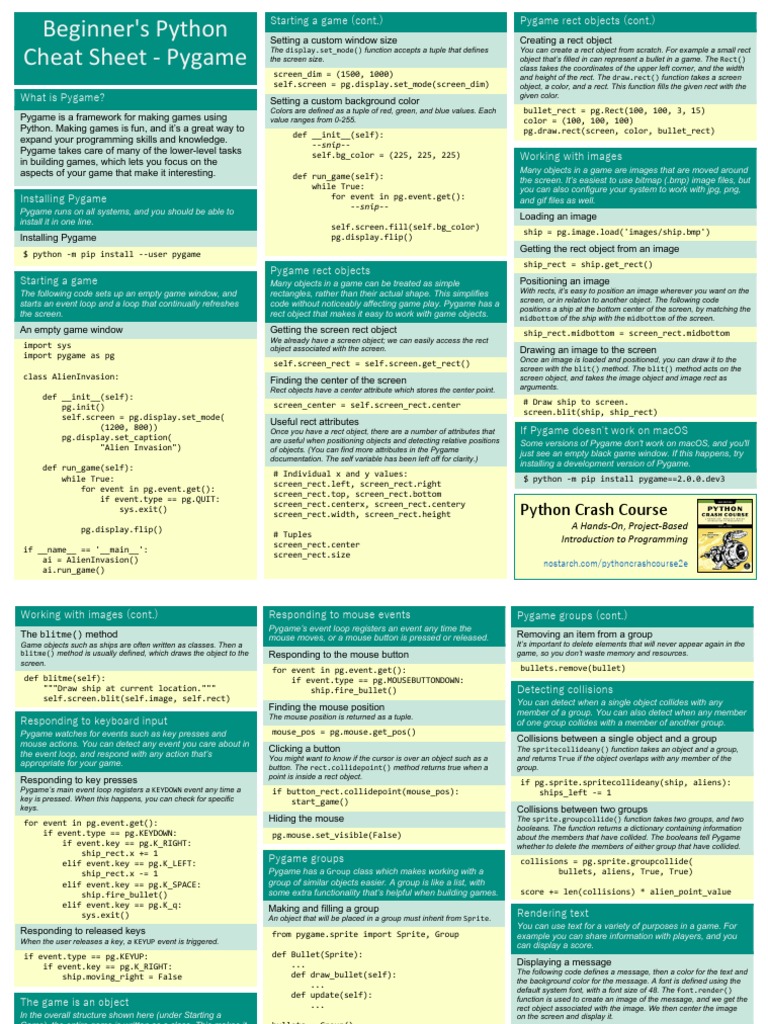 Beginners Python Cheat Sheet PCC Pygame | PDF | Computer Programming | Computing