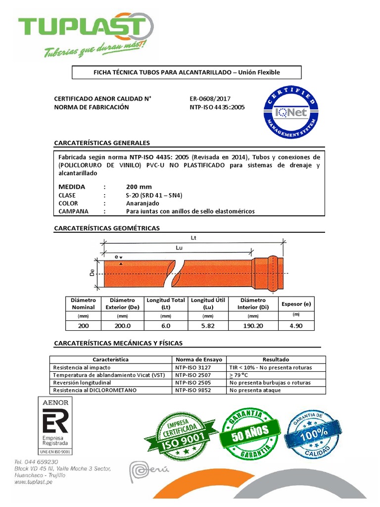 F.T. Tubo PVC U Alcantarillado (S-20) 200 MM | PDF