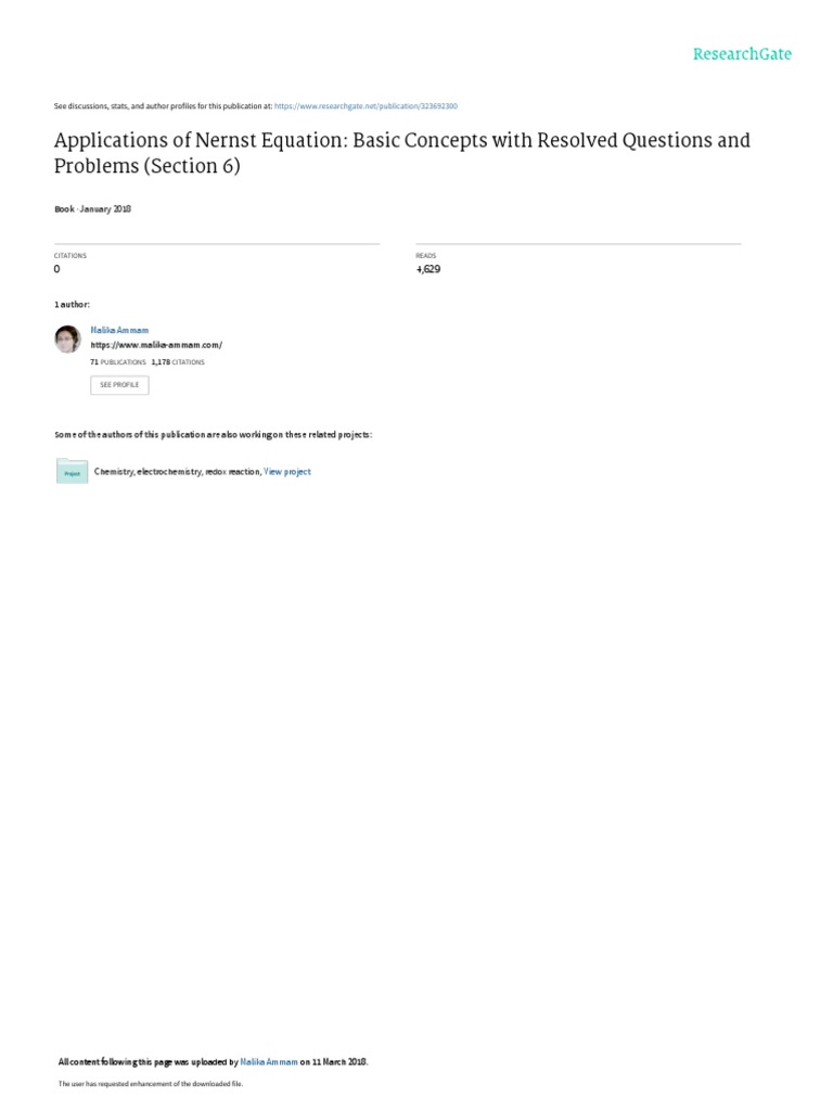 Applications of Nernst Equation: Basic Concepts With Resolved Questions ...