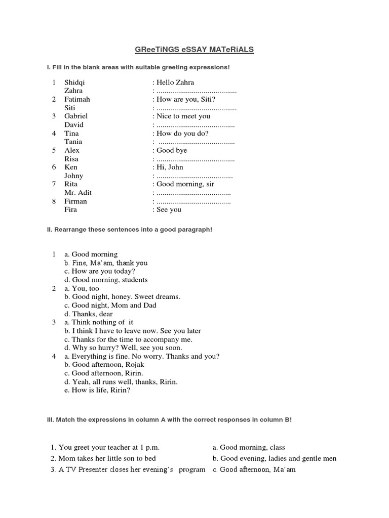 Greetings Essay Materials: I. Fill in The Blank Areas With Suitable ...