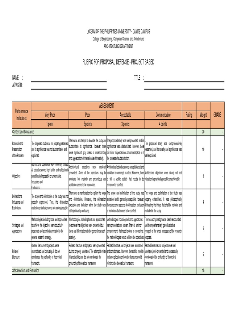 Rubric For Proposal Defense - Project Based: Name: Title: Adviser | PDF ...
