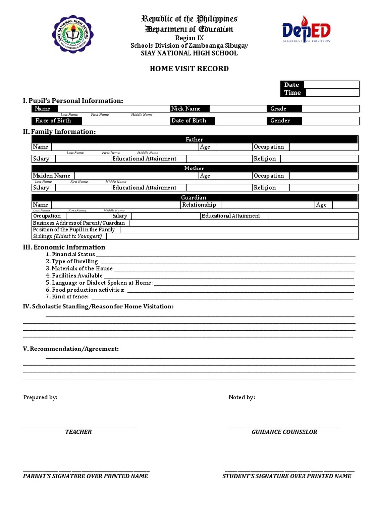 Republic of The Philippines Department of Education: Home Visit Record ...