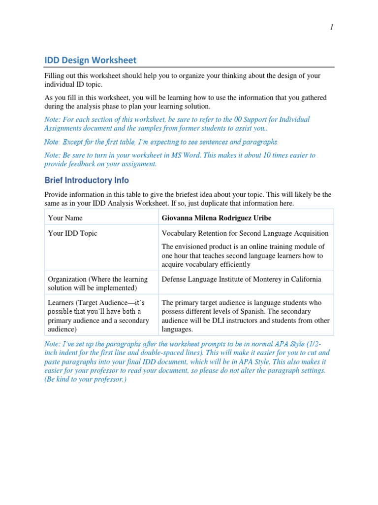 IDD Design Worksheet: Brief Introductory Info | PDF | Metacognition ...
