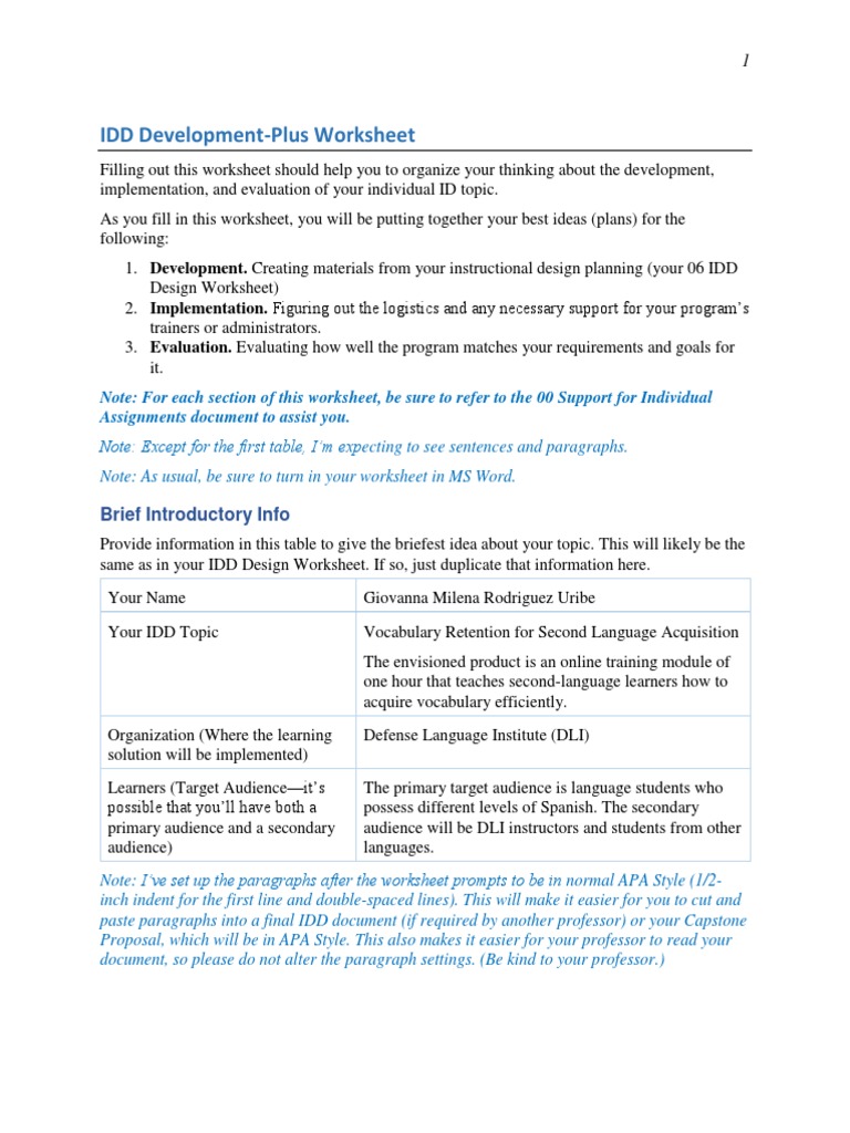 07 Idd Development-Plus Worksheet Giovanna R | PDF | Educational ...