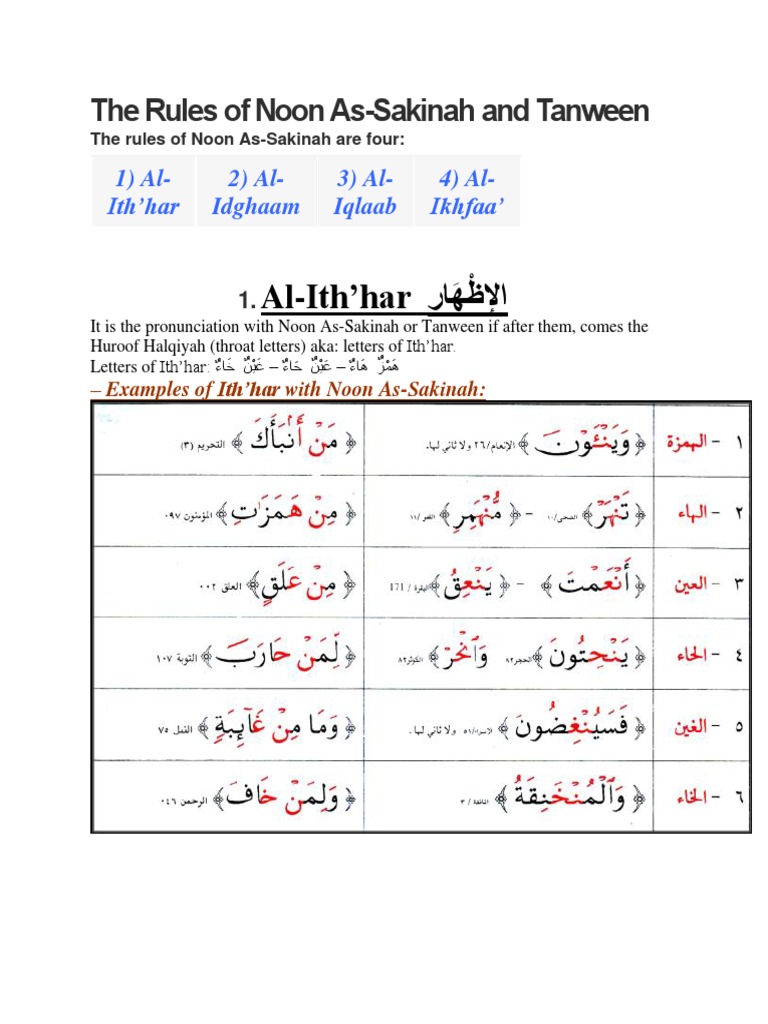 The Rules of Noon As-Sakinah and Tanween | PDF | Orthography ...