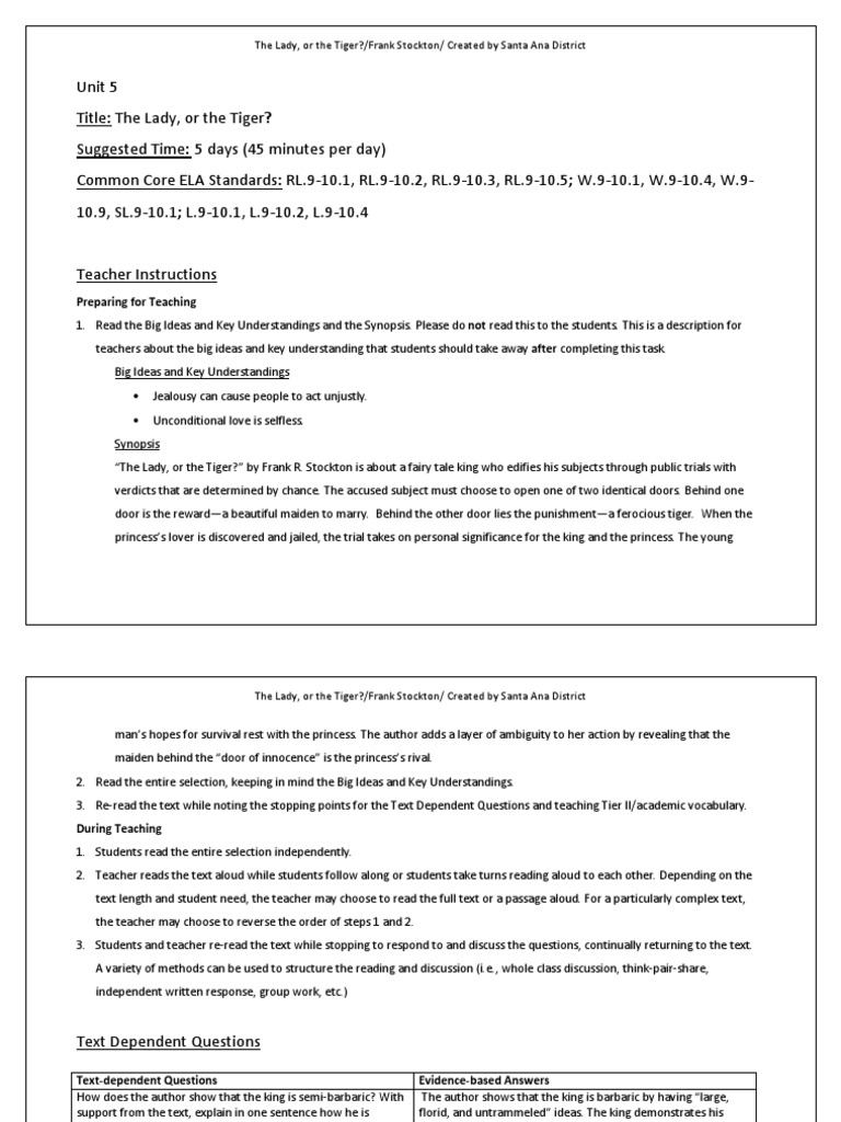 "The Lady, or the Tiger? Lesson Plan" | PDF | Psychological Concepts ...