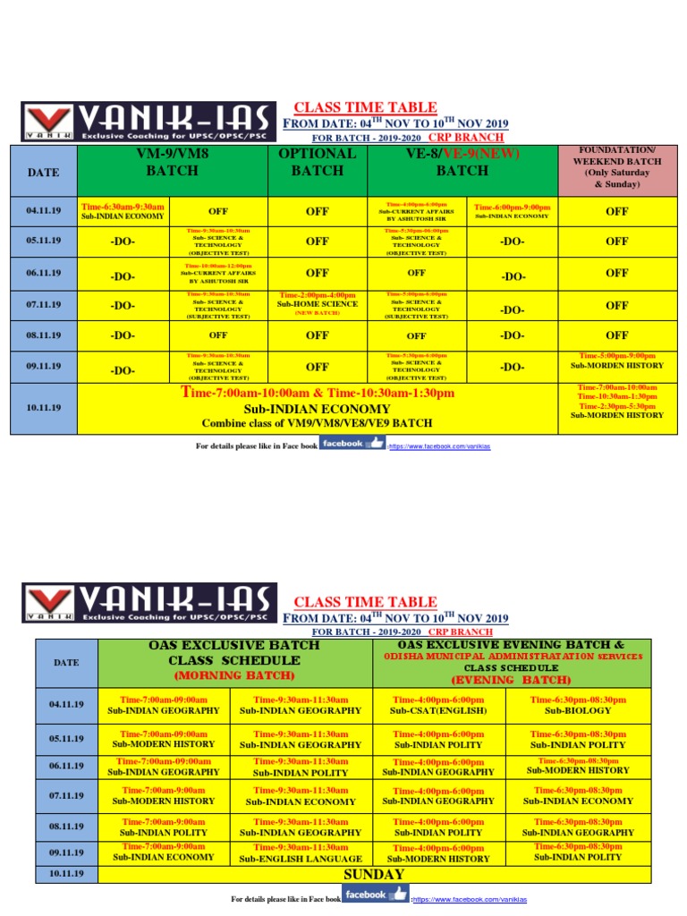 Class Schedule 4-10 Nov 2019 CRP Batch | PDF