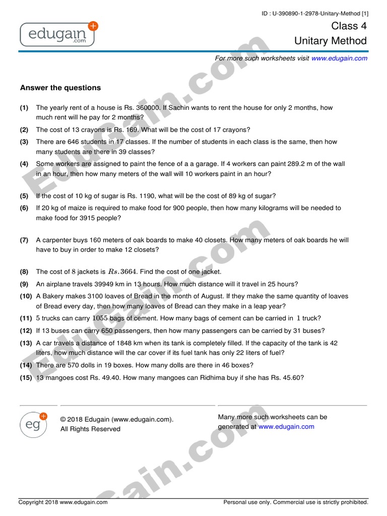 Class 4 Unitary Method: Answer The Questions | PDF | Transport | Nature