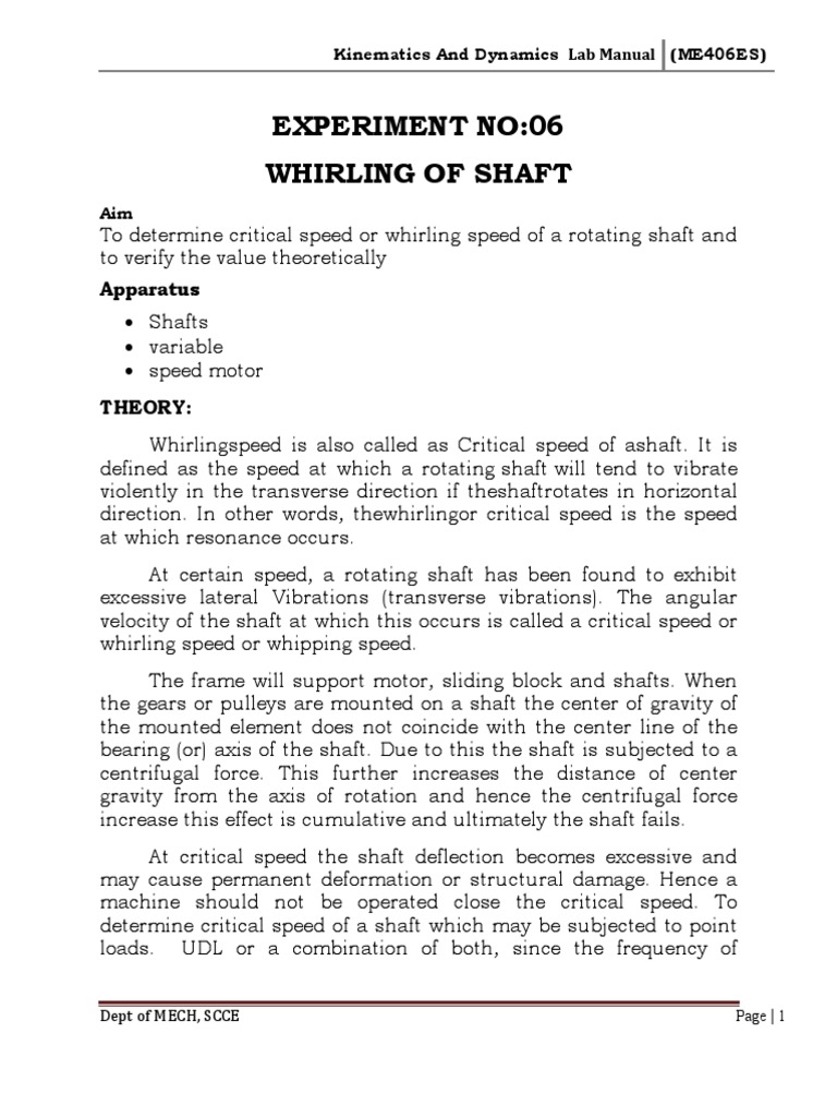 Whirling Speed Lab Manual ME406ES | PDF | Speed | Rotation Around A ...