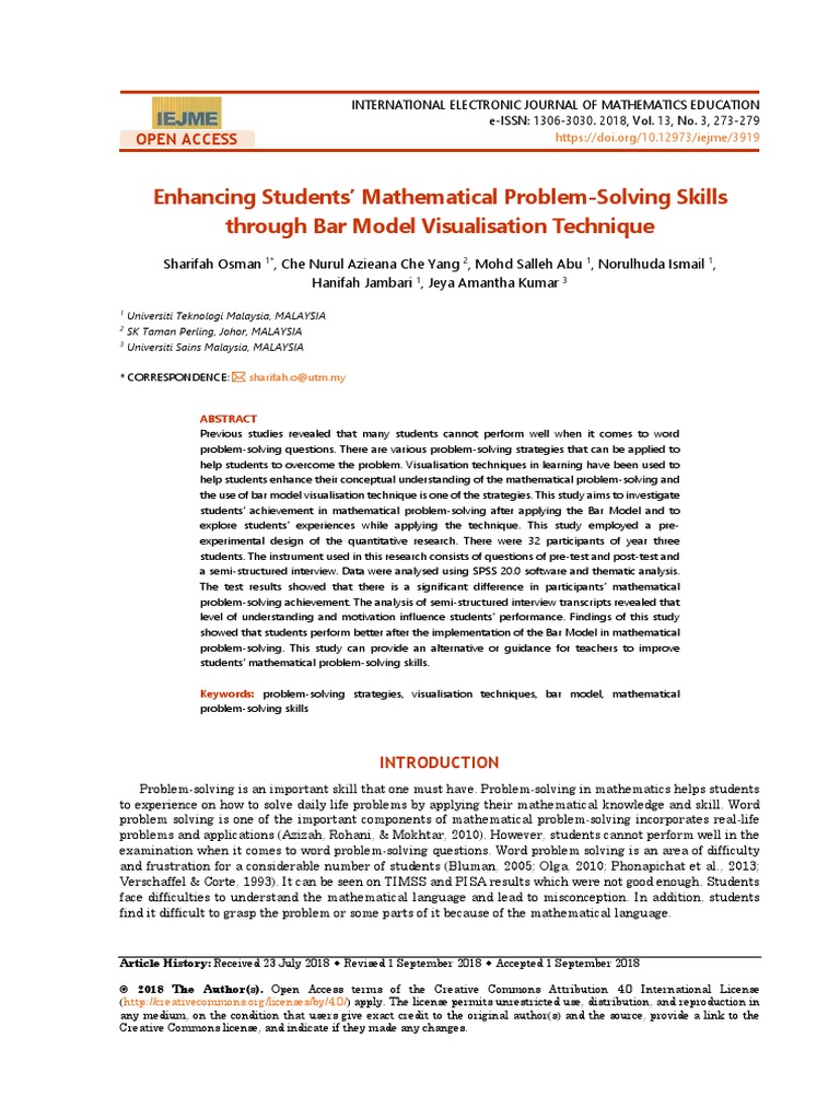 Enhancing Students Mathematical Problem Solving Skills Through Bar Model Visualisation Technique ...