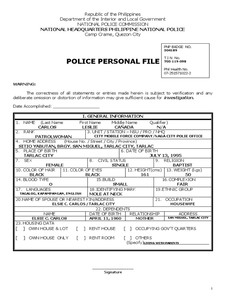 Police Personal File: National Headquarters Philippine National Police ...