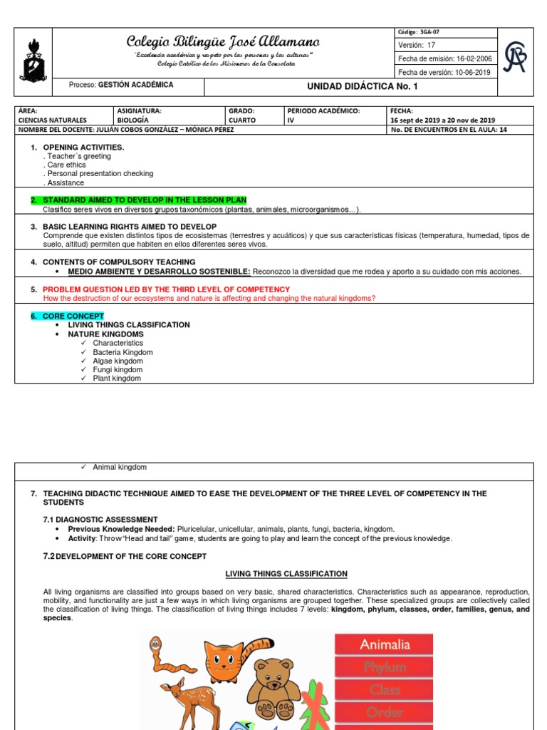 4° - IV Term - Bio - LessonPlan - 1 | PDF | Organisms | Taxonomy (Biology)