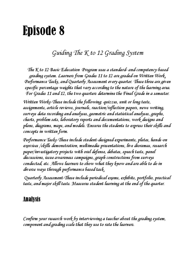 Guiding the K to 12 Grading System: An Analysis of the Components ...