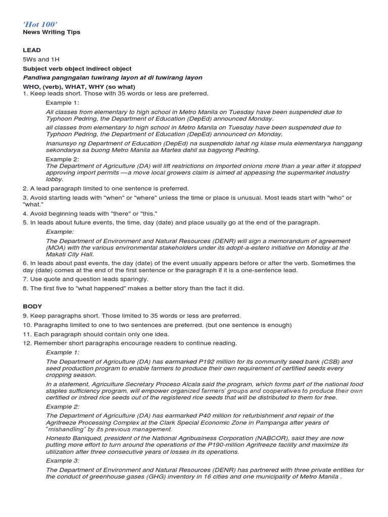 Pandiwa pangngalan tuwirang layon at di tuwirang layon: News Writing ...