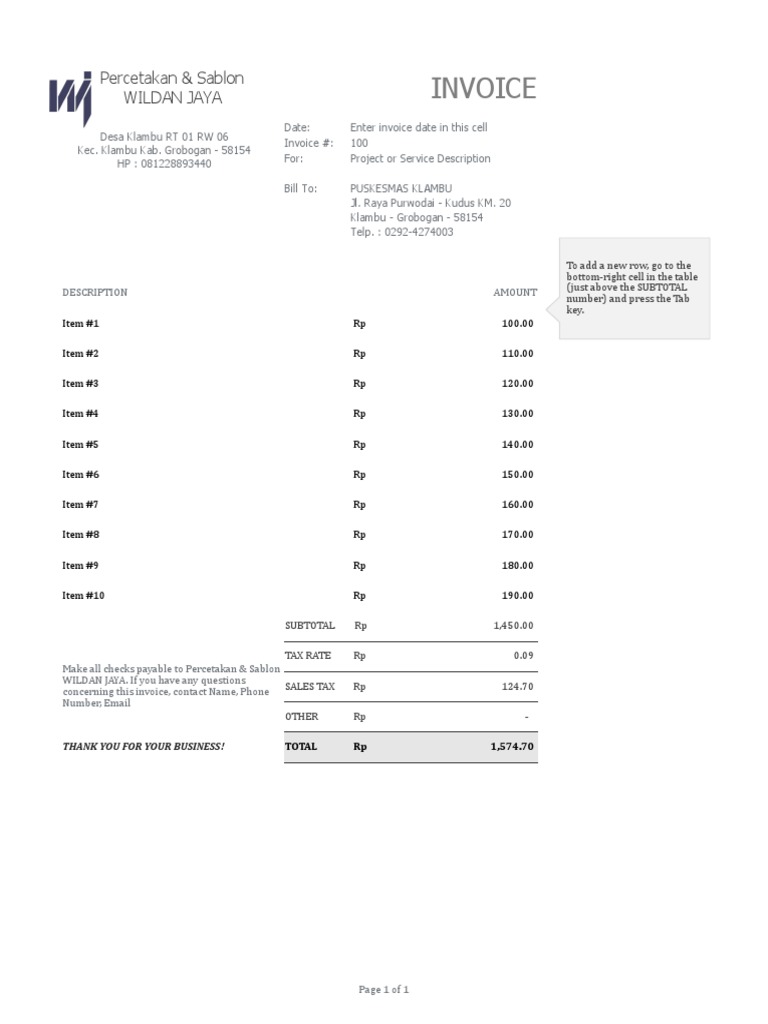 Invoice: Percetakan & Sablon Wildan Jaya | Download Free PDF | Invoice ...