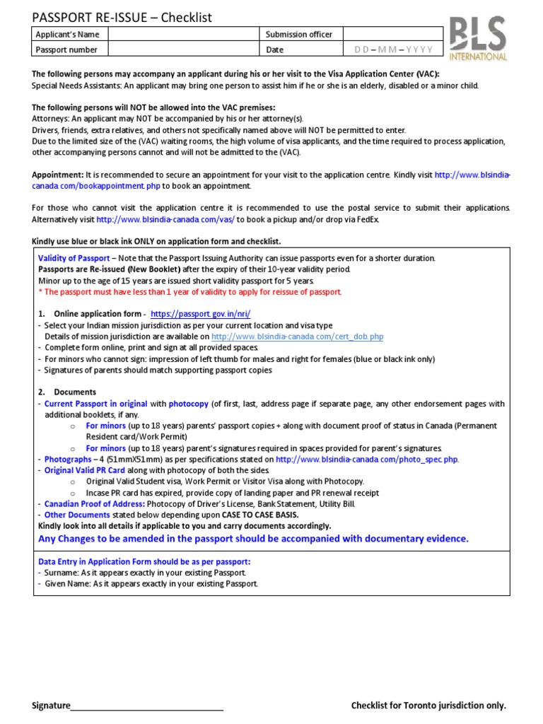 BLS CAN10Toronto PassportRe Issue Checklist | PDF | Passport | Travel Visa