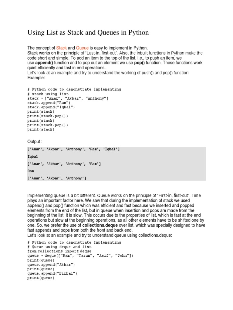 Using List As Stack and Queues in Python | PDF | Queue (Abstract Data ...