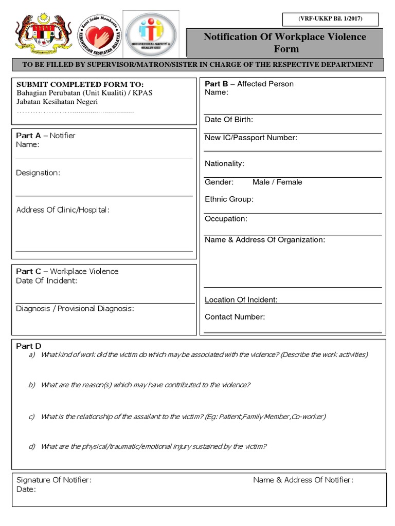 Notification of Workplace Violence Form Sarawak General Hospital | PDF ...