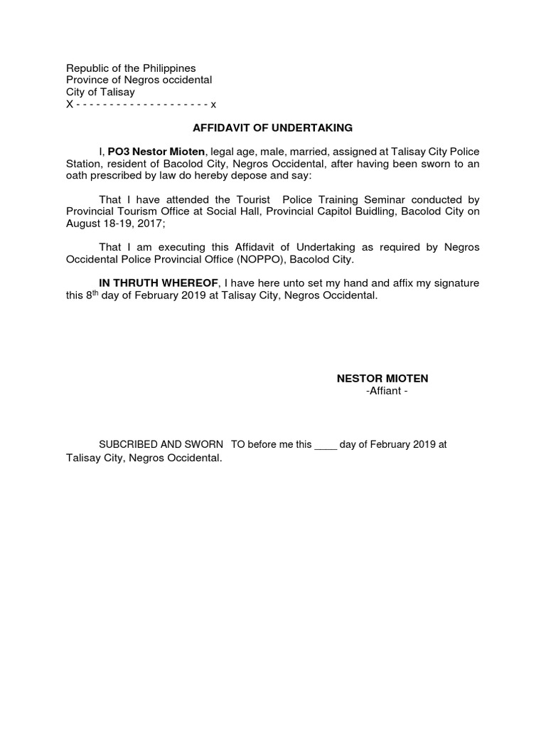 Affidavit of Undertaking for Police Training | PDF | Affidavit | Civil ...