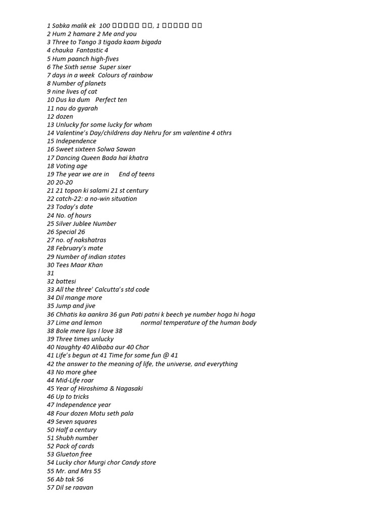 Housie Numbers Hindi | PDF | Cooking, Food & Wine