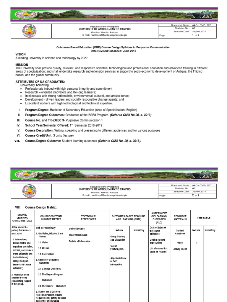 SAMPLE OBE Syllabus Purposive Communication | PDF | Communication ...