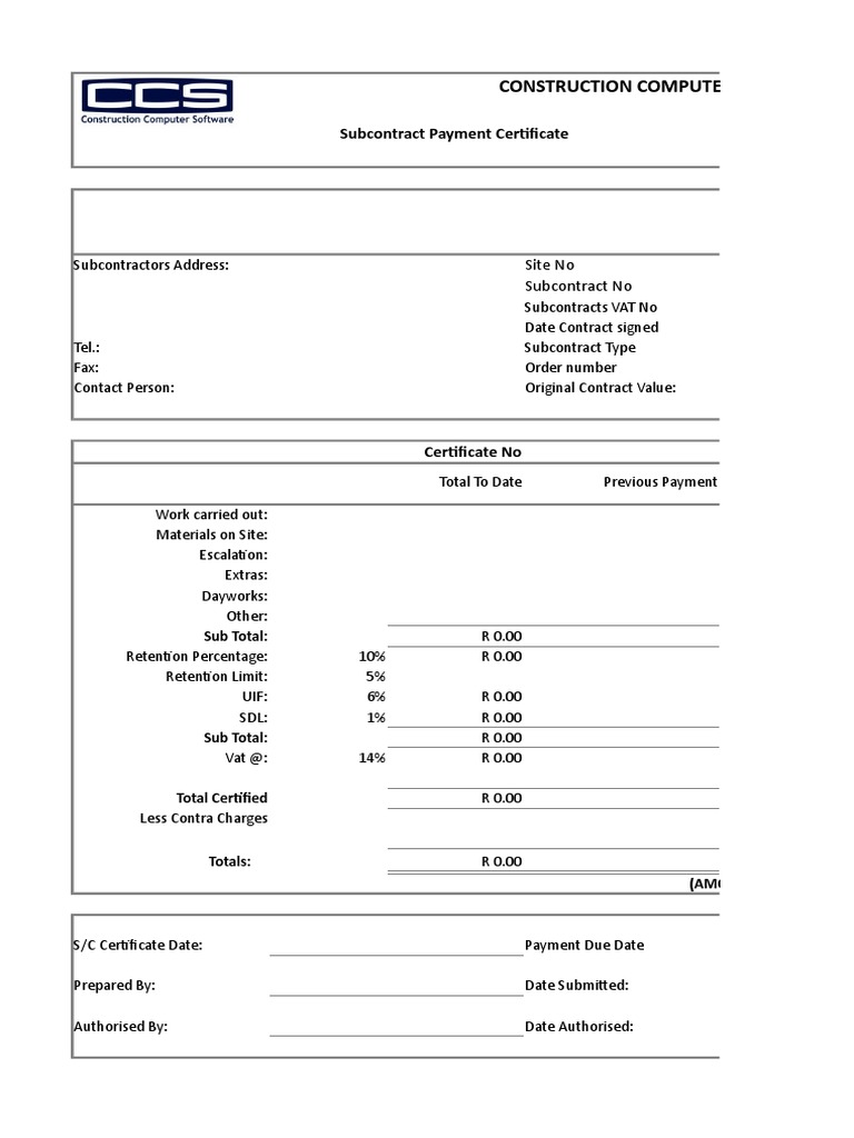 Construction Computer Software: Subcontract Payment Certificate | PDF